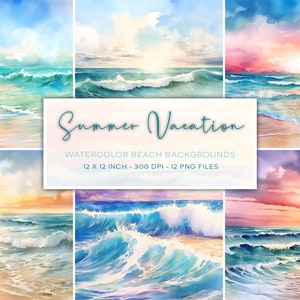 Watercolor Beach Backgrounds, Summer Backgrounds, Digital Paper, Beach ...