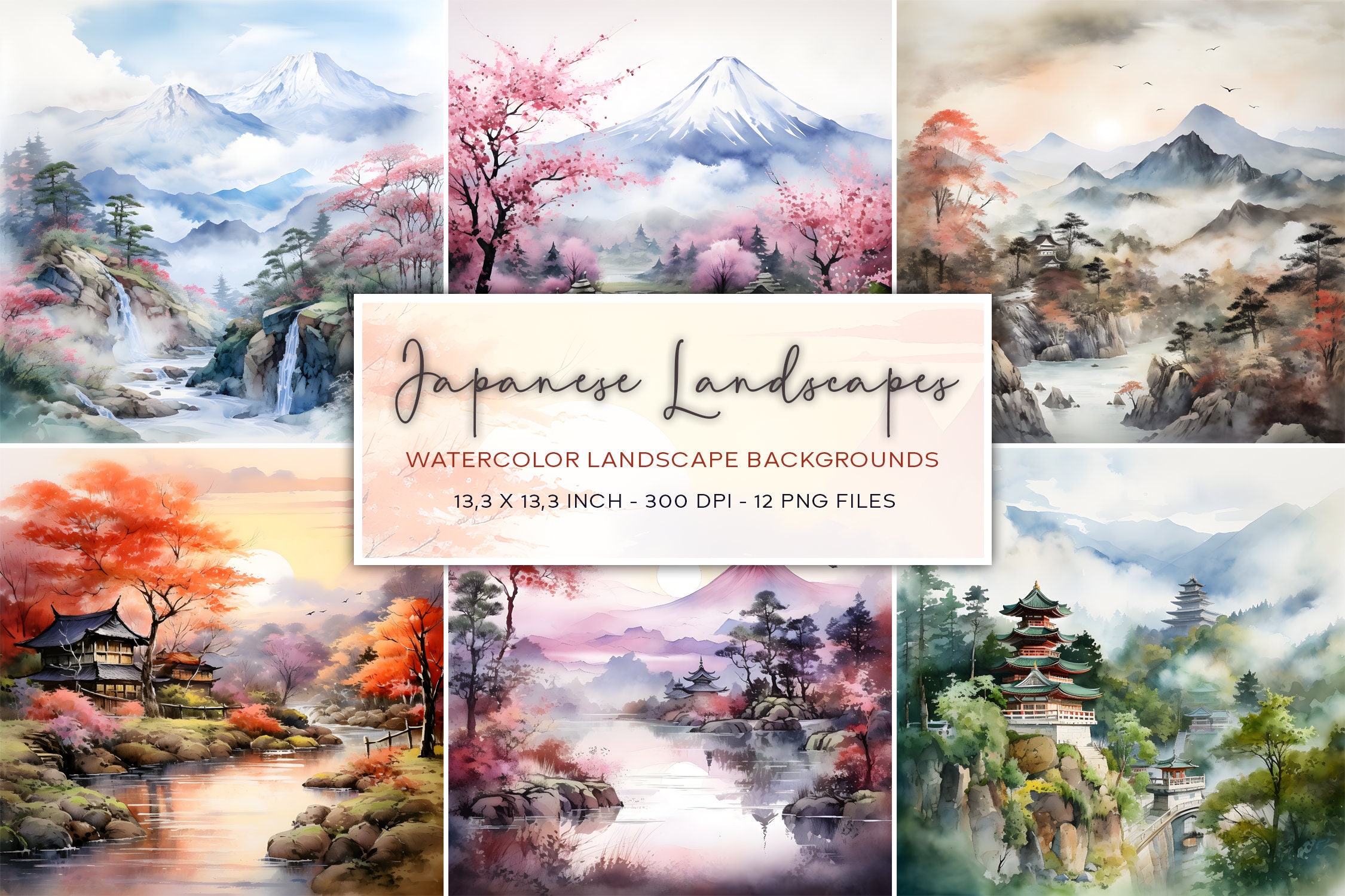 Japanese Inspired Watercolor Backgrounds, Landscape Backgrounds, Japan ...