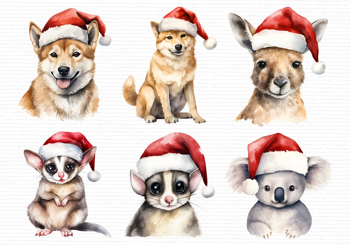 Christmas Australian Animals Watercolor Clipart, Kangaroo Clipart ...