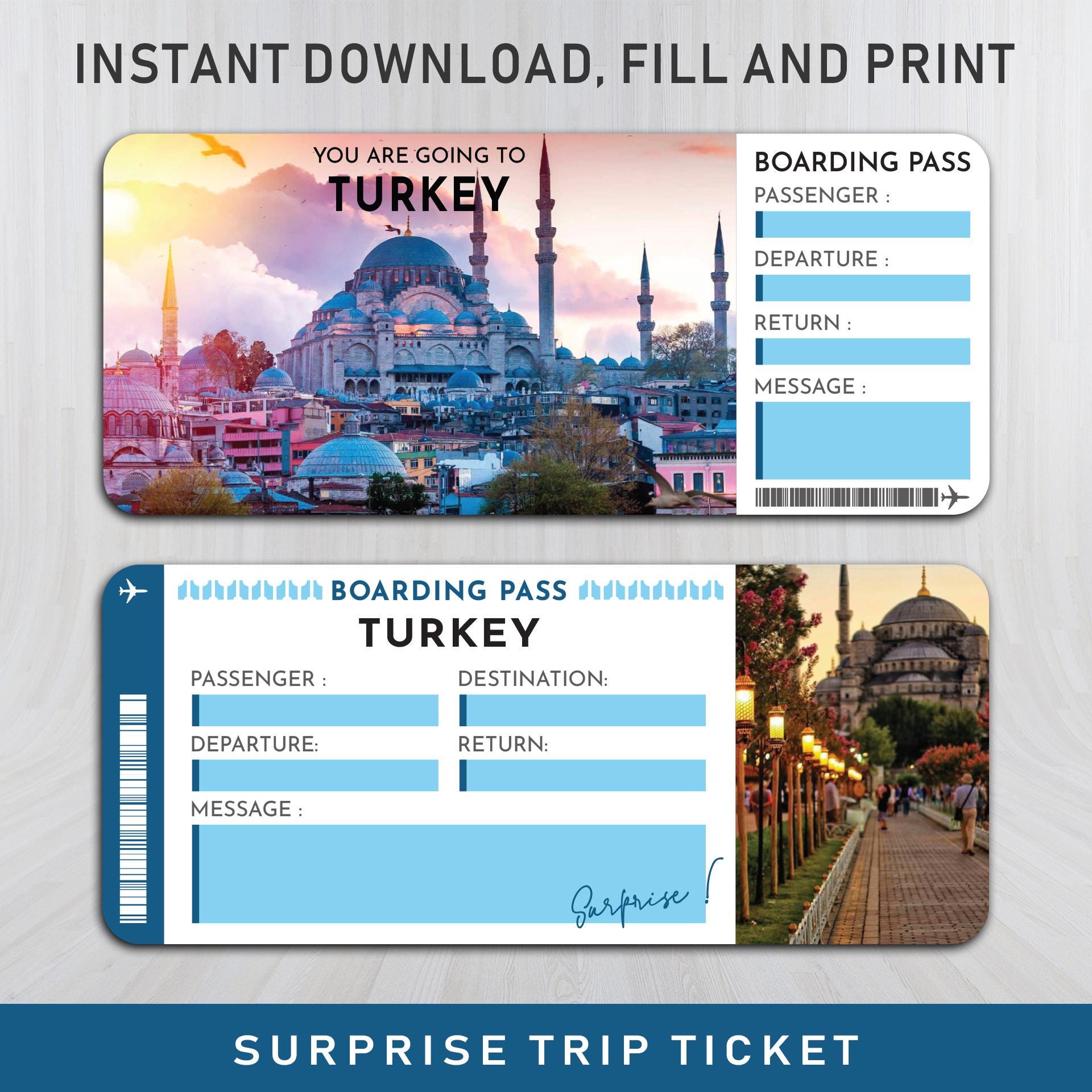 Surprise Trip Boarding Pass Ticket Template | Editable & Printable ...