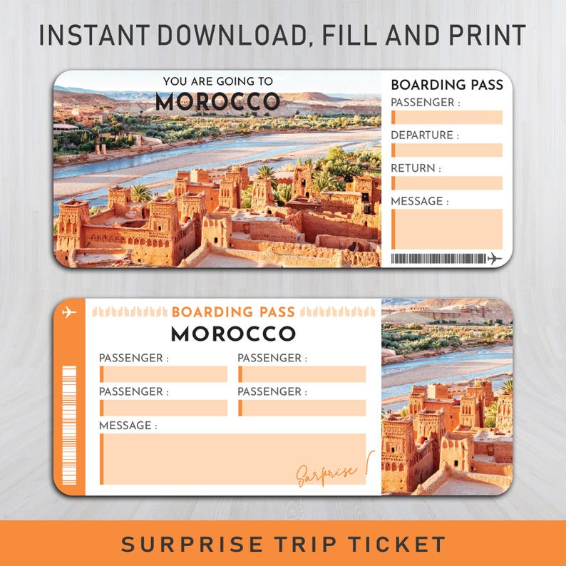 Surprise Trip Boarding Pass Ticket Template | Editable & Printable | Morocco Themed Vacation ...