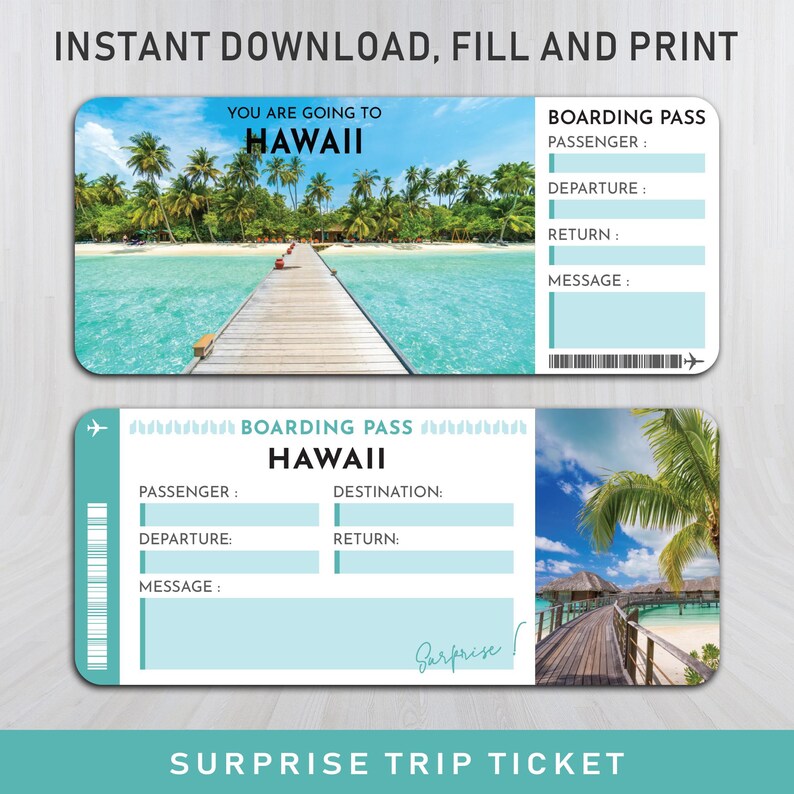 Surprise Trip Boarding Pass Ticket Template Editable & Printable Hawaii ...