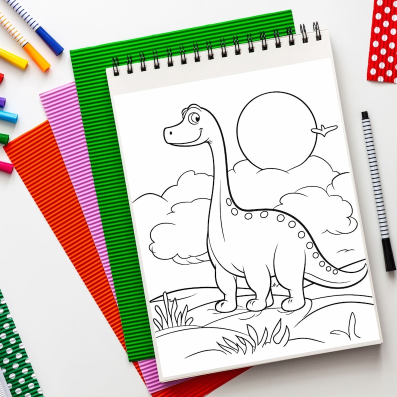 Printable Cute Dinosaur Coloring Pages PDF for Kids, Instant Digital ...