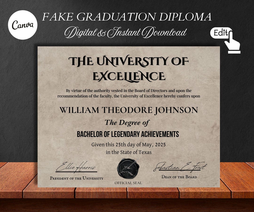 Editable Fake Graduation Diploma Template, Funny Custom Printable ...