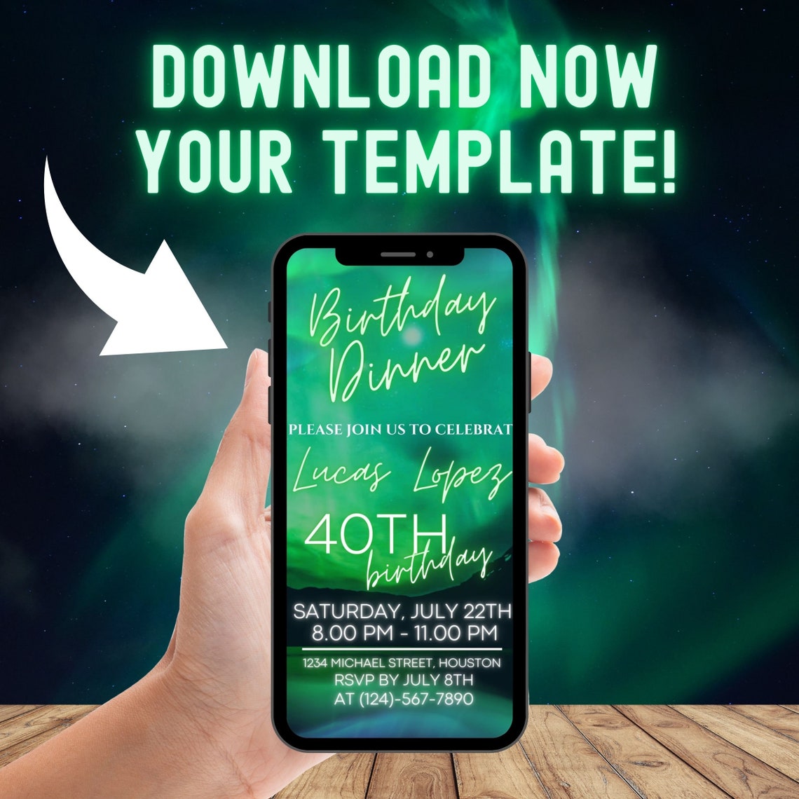 Northern Lights Birthday Dinner Video Invitation, Neon Template ...
