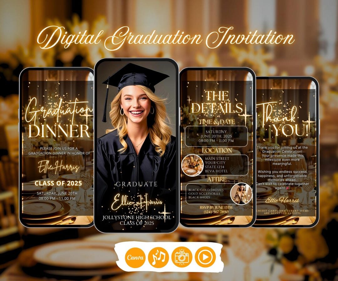 Glittery Gold Graduation Dinner Invitation Video, Canva Template ...