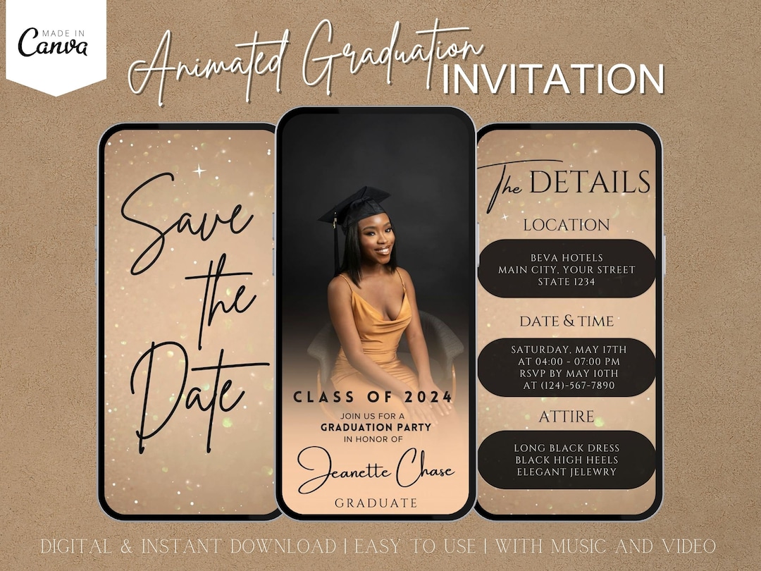 2025 Digital Black and Beige Graduation Party Invitation Canva Template ...