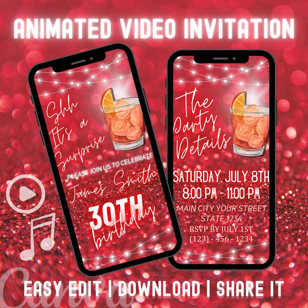 Surprise Party Birthday Invitation Negroni Party Neon Red Glitter