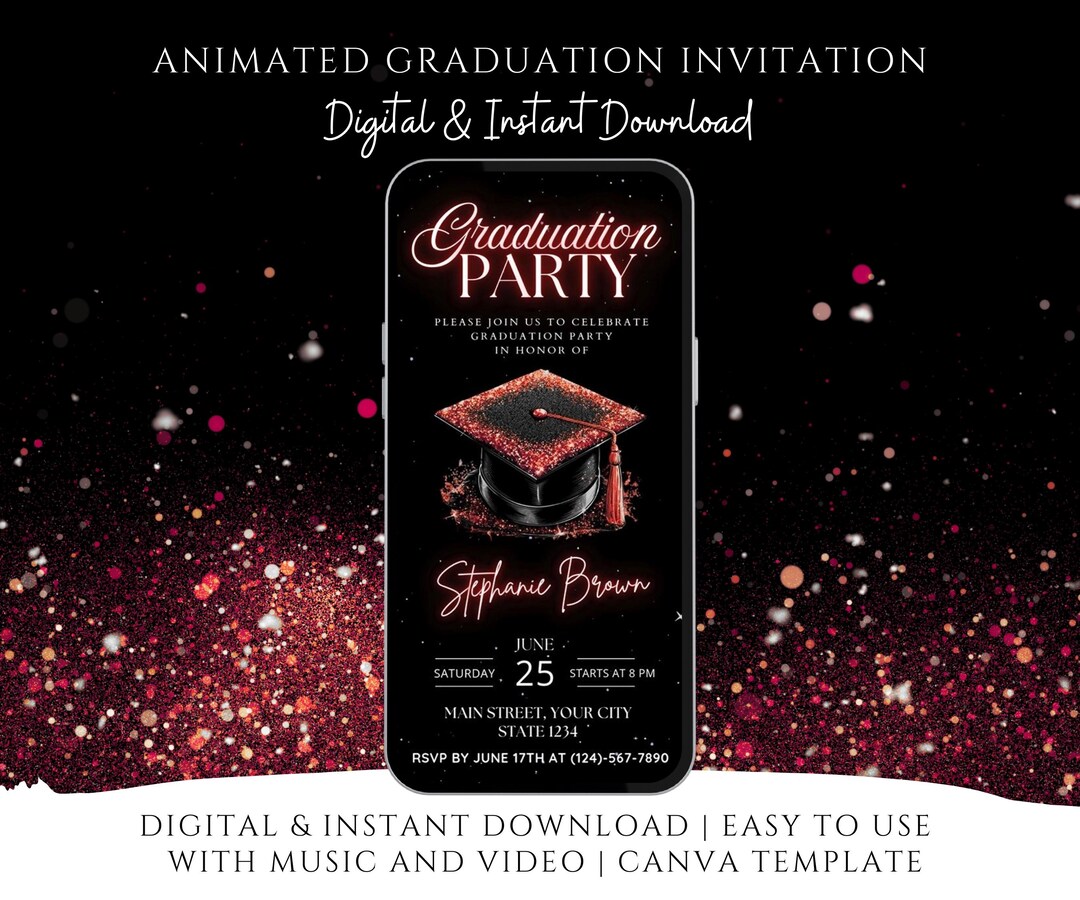 Red Glitter Graduation Party Video Invitation: Class of 2025 (digital ...
