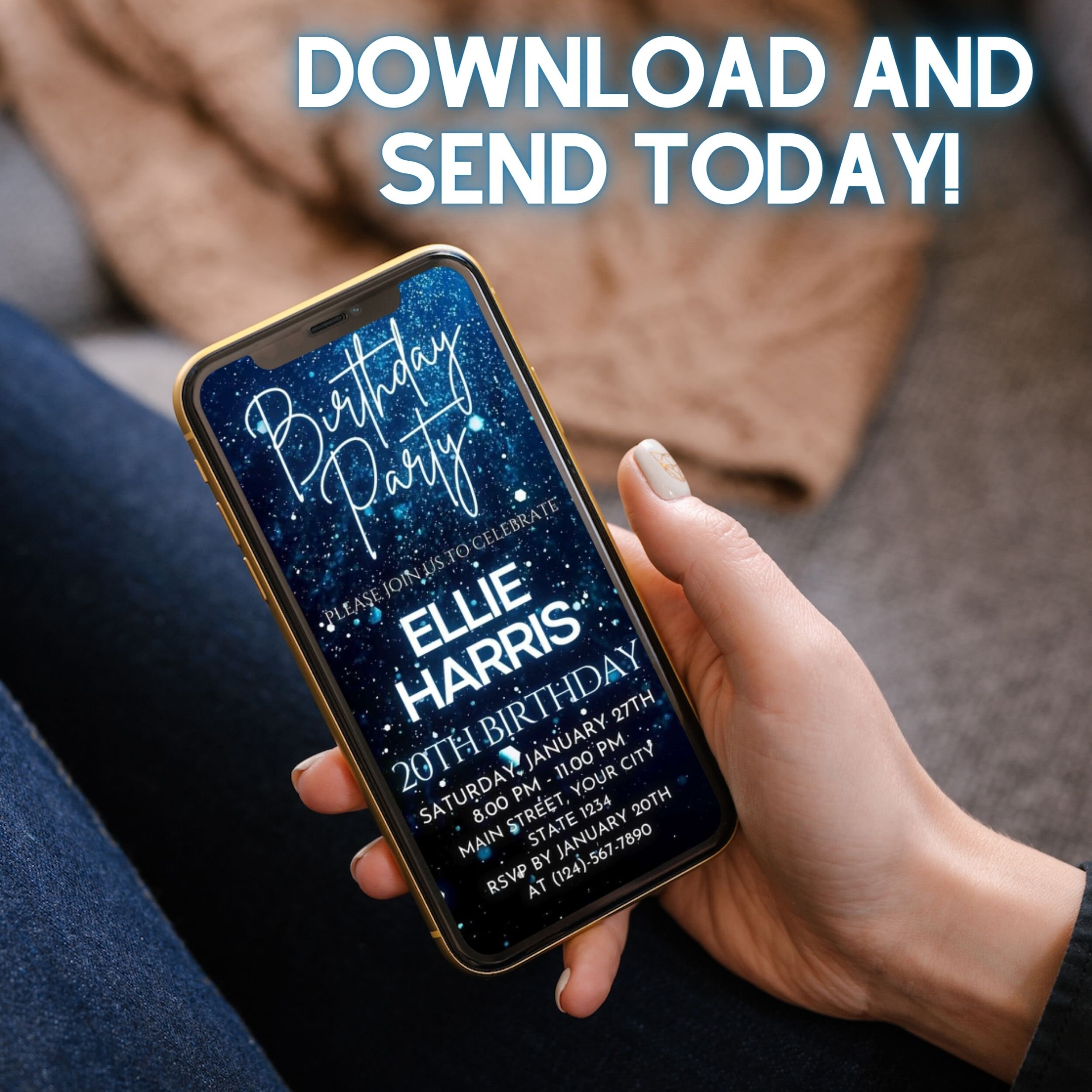 Digital Neon Blue Glitter Birthday Animated Video Invitation With Music ...