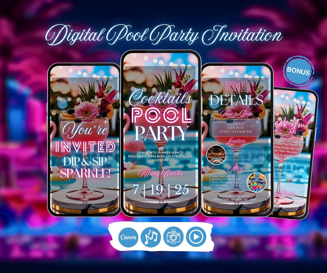Neon Pool Party Invitation: Animated Summer Cocktail Theme (digital ...