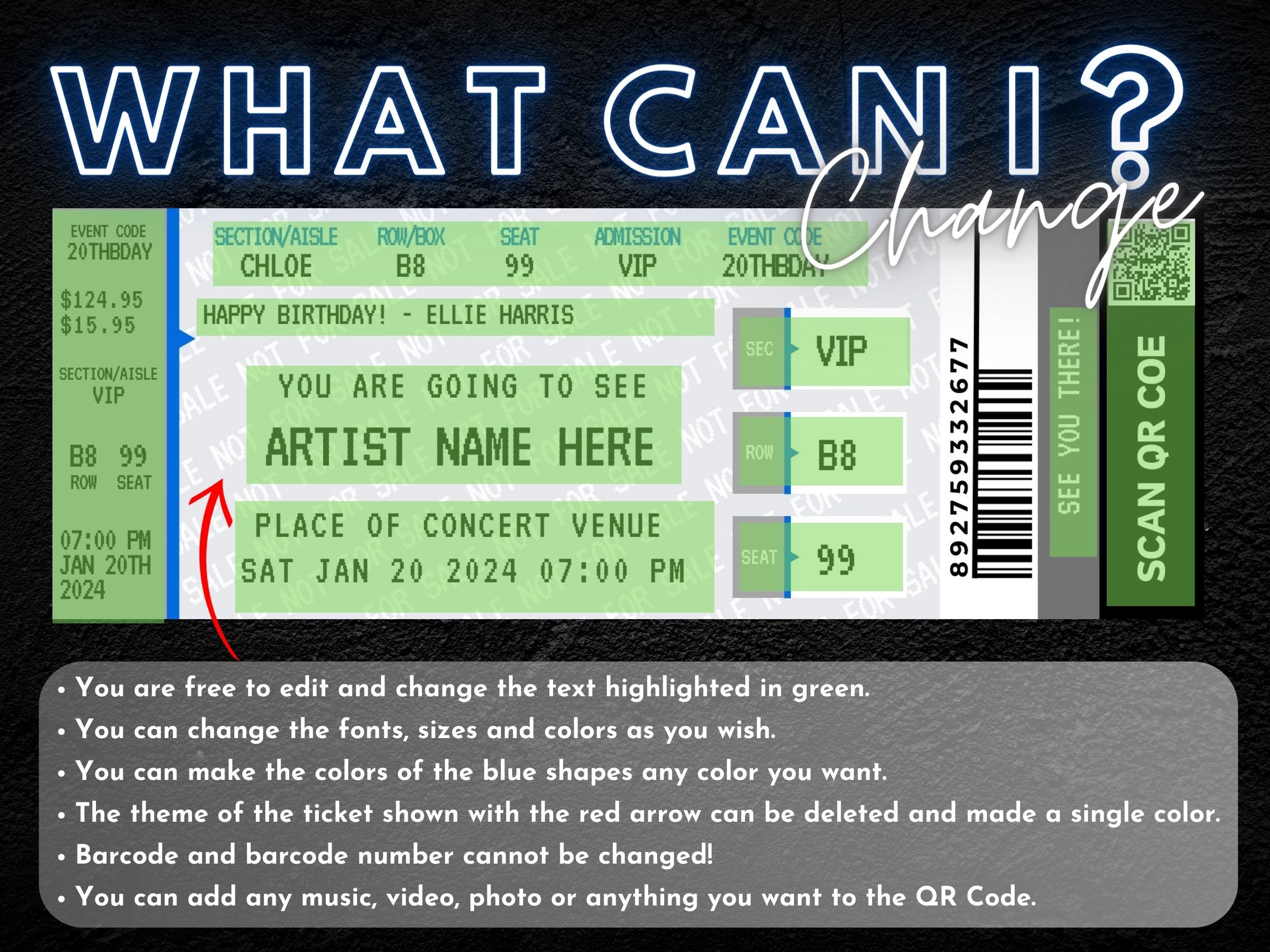 Editable Concert Ticket Template With QR Code, Digital VIP Ticket ...