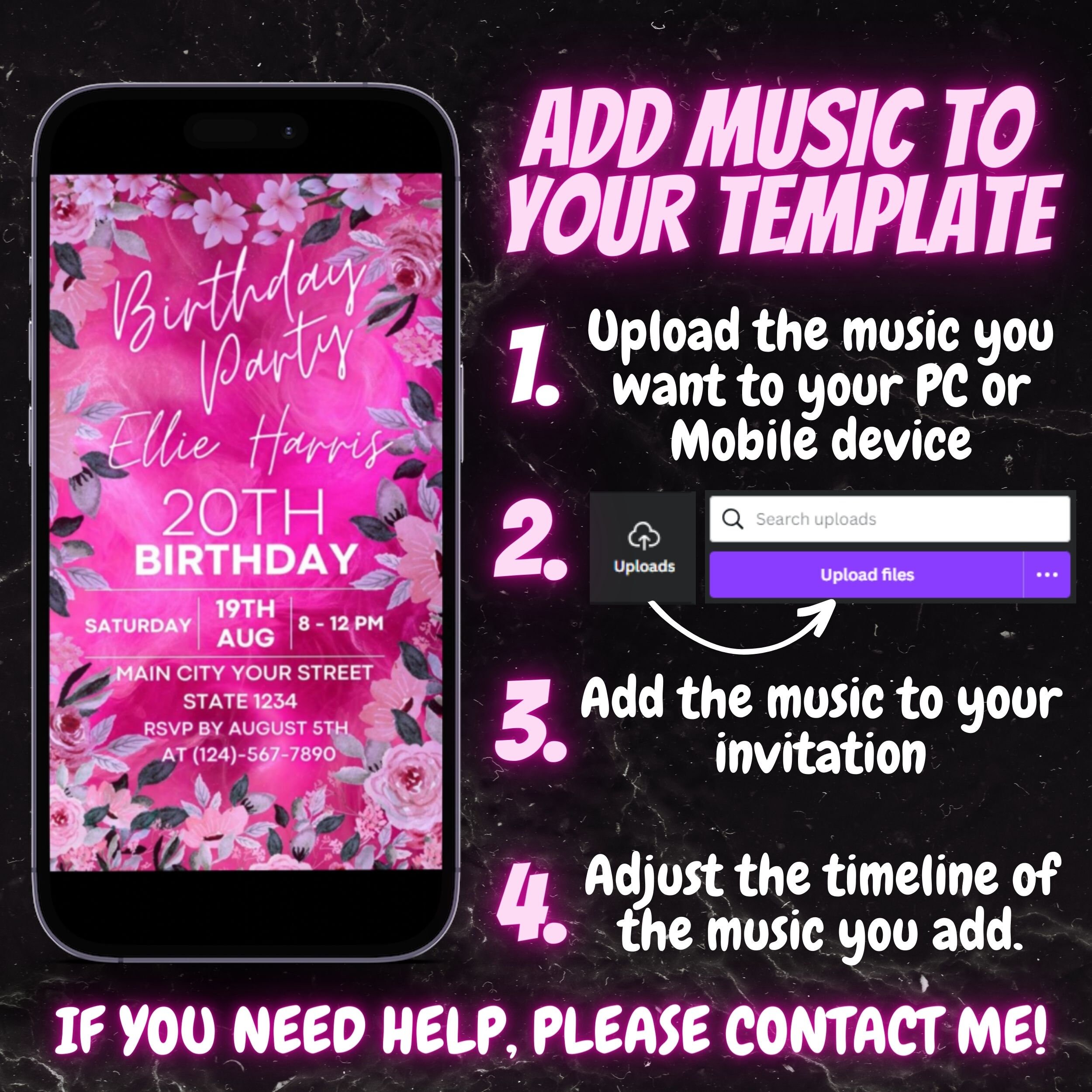 20th Digital Birthday Party Invitation, Pink and Purple Floral Birthday ...