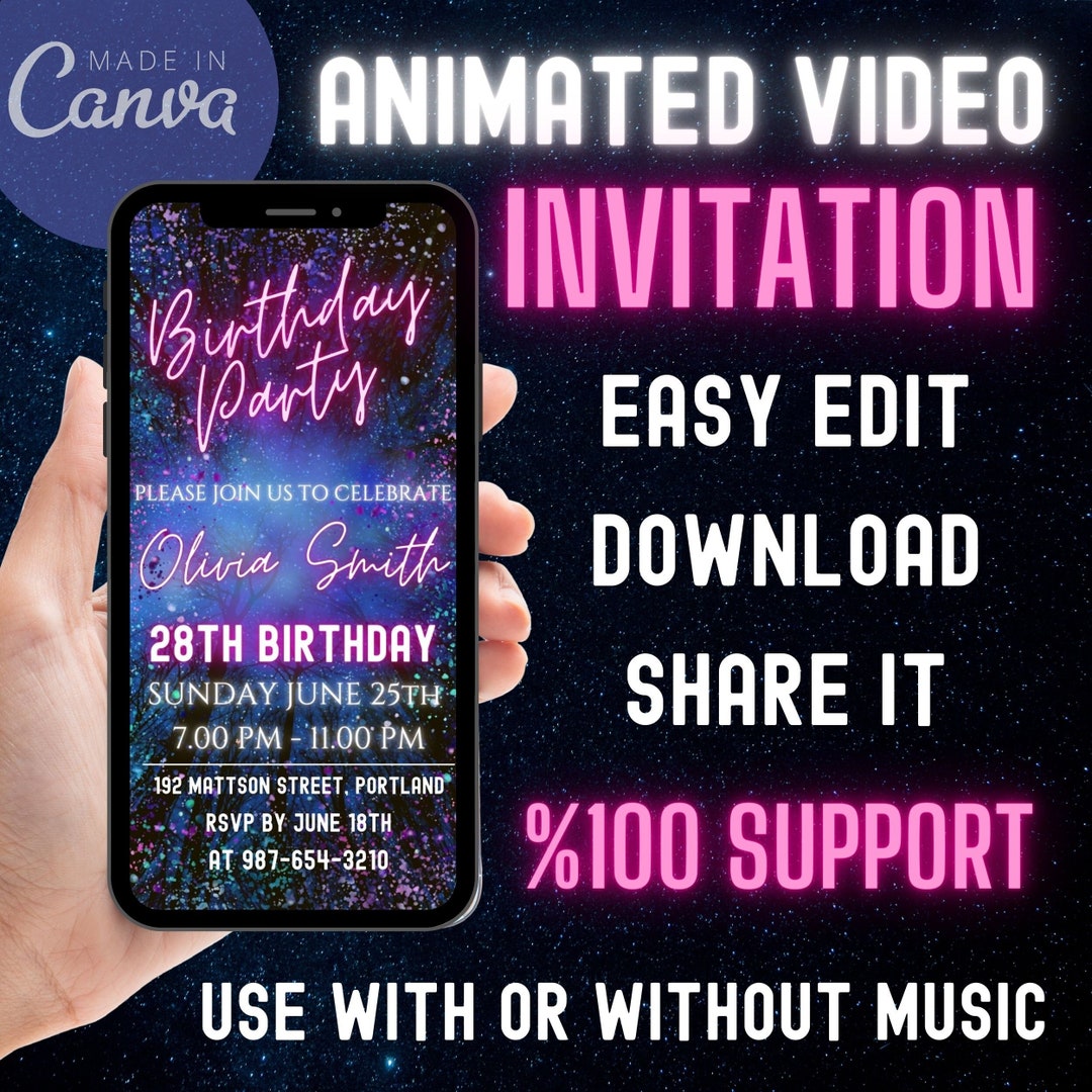 Digital Animated Video Invitation, Colorful Pink and Purple Invitation ...
