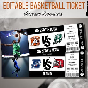 Digital Editable Basketball Ticket, Custom Team Game Pass Template ...