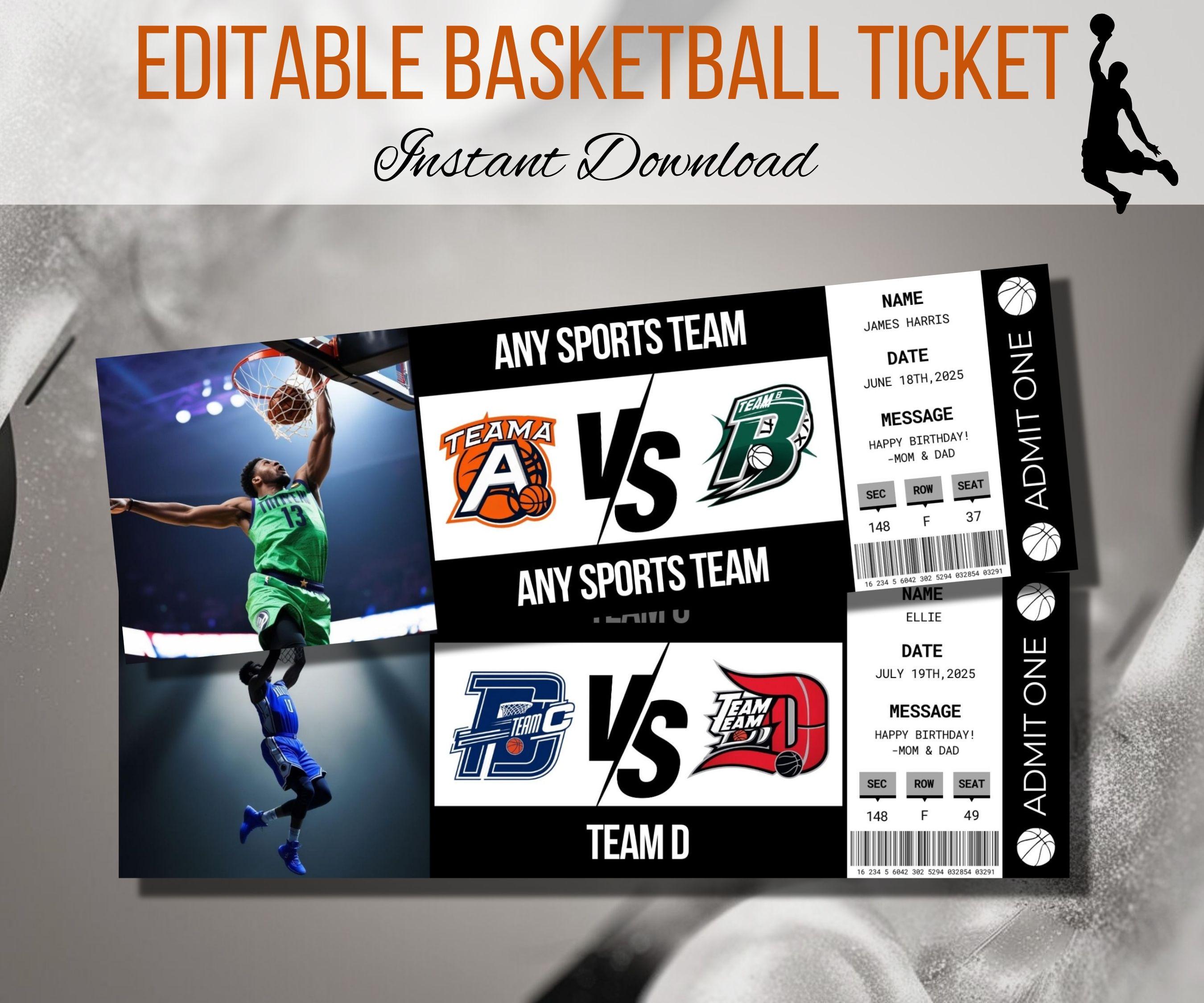 Digital Editable Basketball Ticket, Custom Team Game Pass Template ...