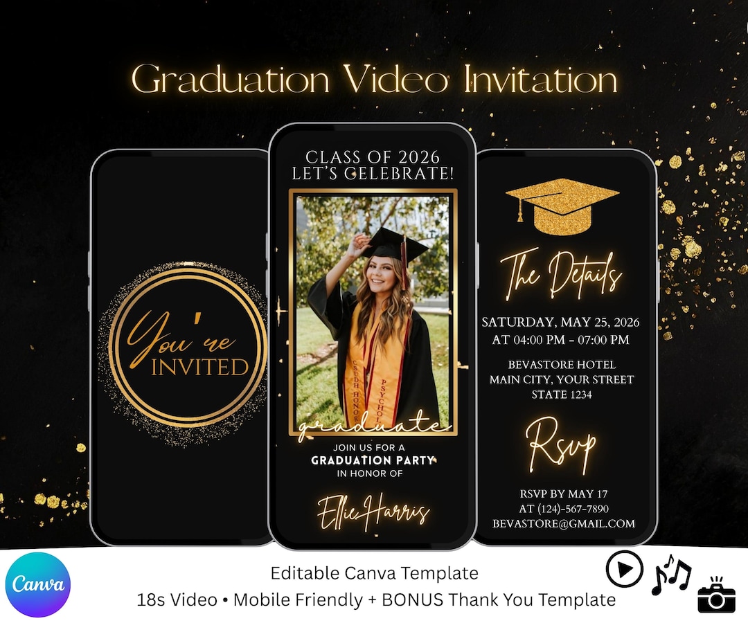 2026 Digital Animated Gold Graduation Party Video Invitation Template ...