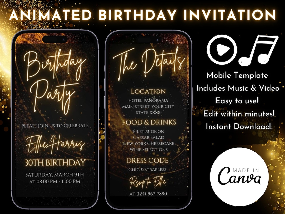Digital Birthday Party Invitation, Birthday Dinner Invite, Gold ...