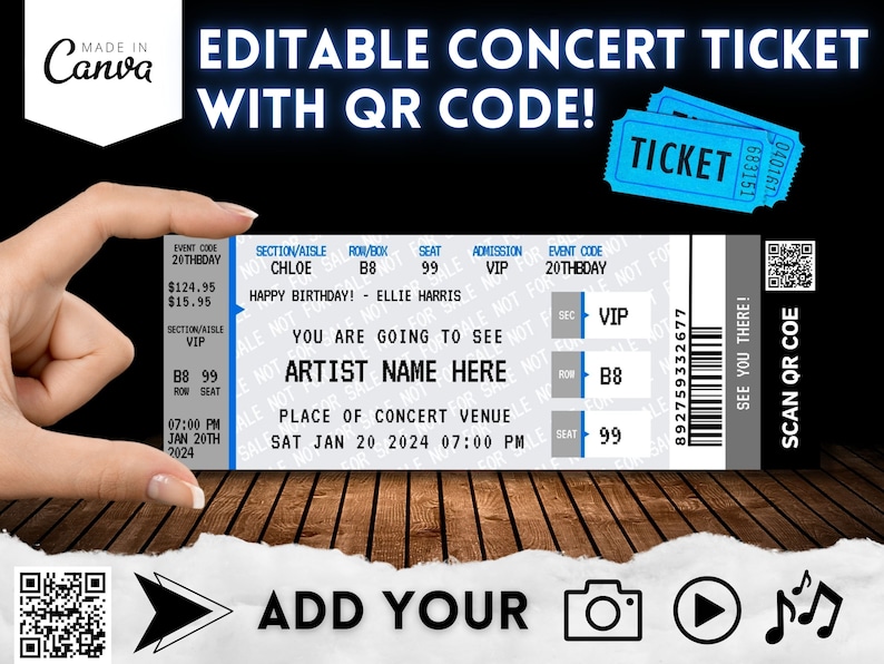 Editable Concert Ticket Template With QR Code, Digital VIP Ticket ...