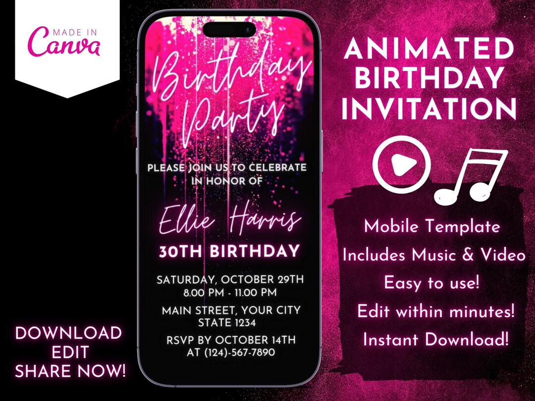 Neon Pink Birthday Party Video Invitation: Editable Template (digital ...