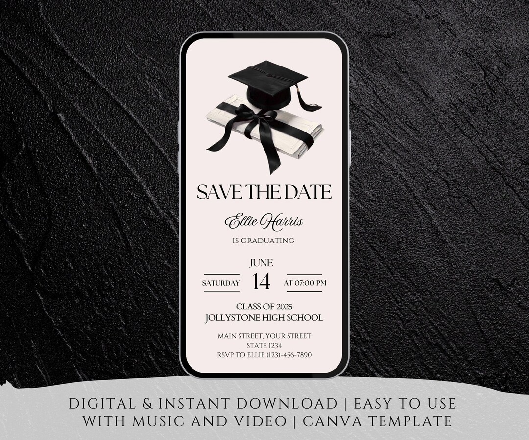 Minimalist Graduation Invitation 2026, Black and White Digital Save the ...
