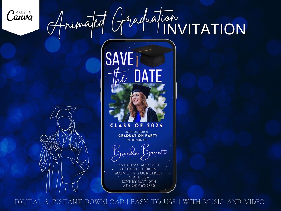 Animated Blue Graduation Invitation, Elegant Digital “save the Date ...