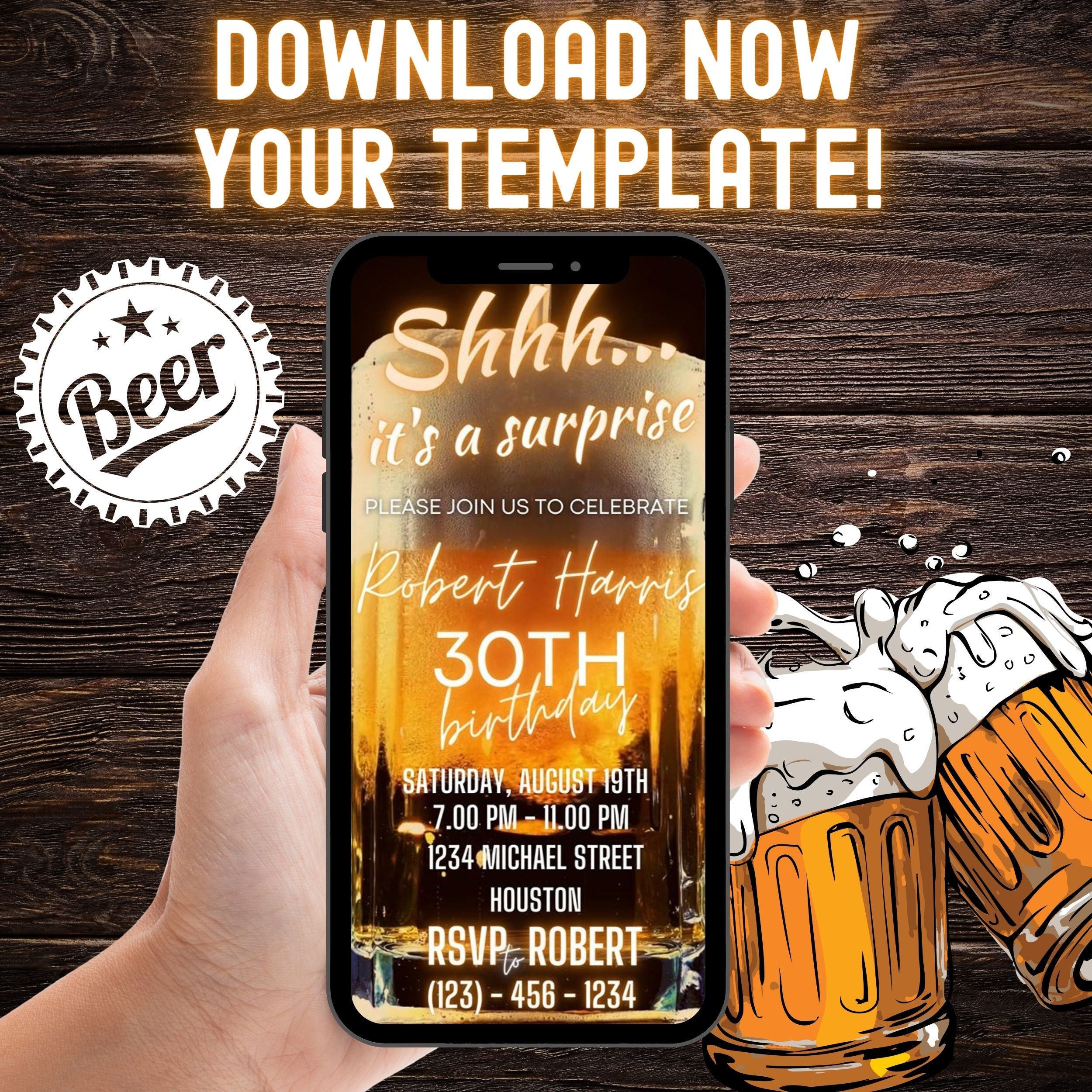 Digital Surprise Beer Party Birthday Invitation, Shhh It's a Surprise ...