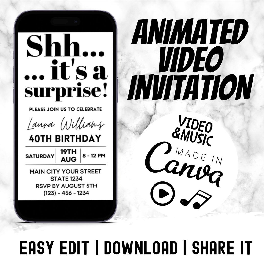 Shh It's a Surprise Party, Digital Birthday Party Invitation, Video ...