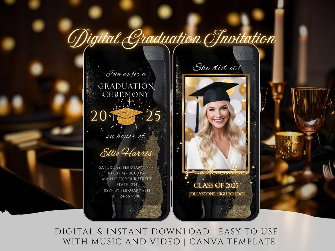 Class of 2026 Graduation Ceremony Invite Video, Black Gold Luxury ...