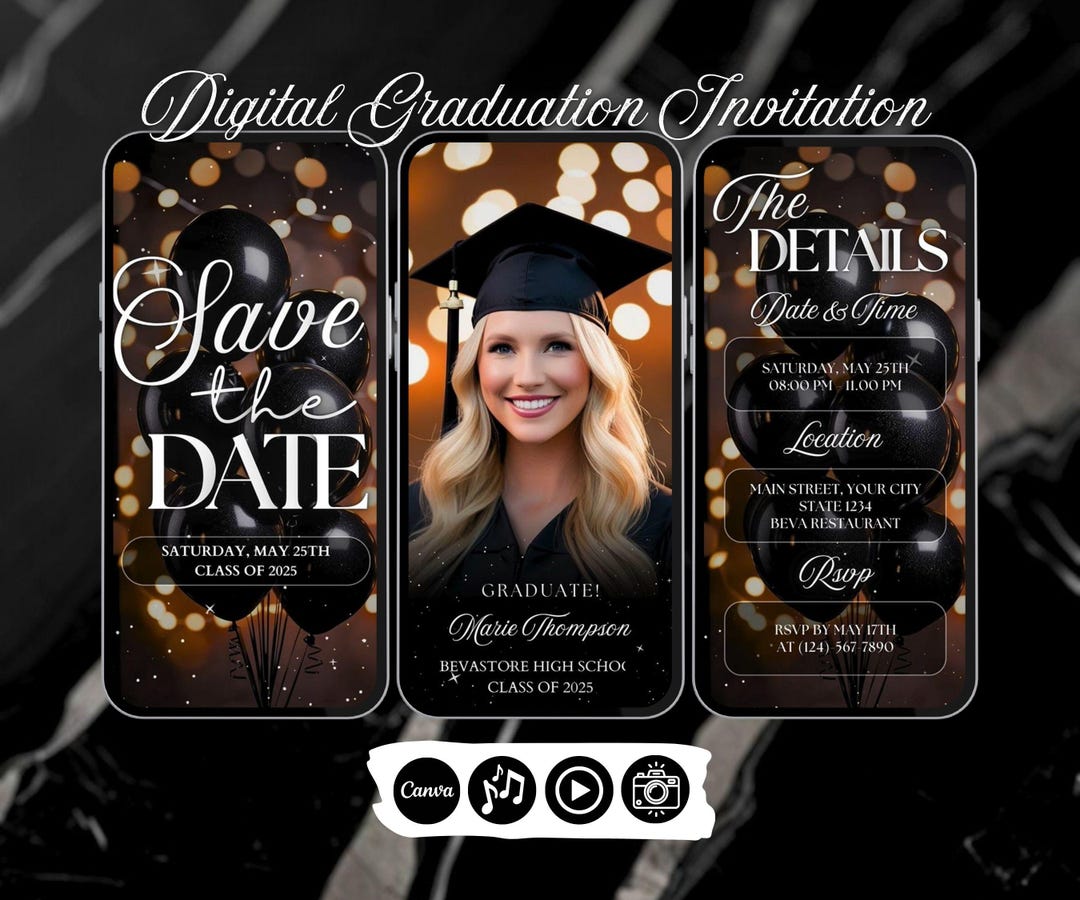 Luxurious Digital Black Graduation Party Video Invitation, Glamorous ...