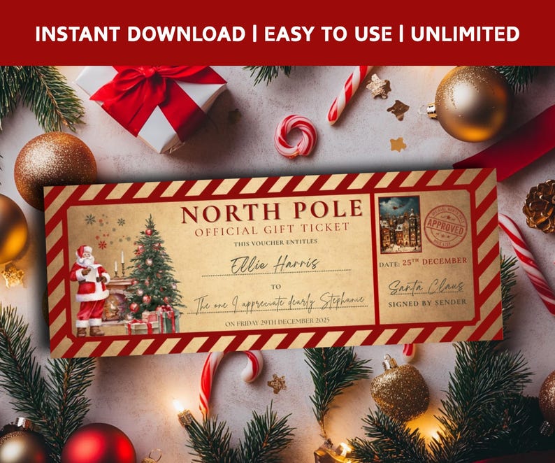 Digital North Pole Gift Ticket Template, Printable Christmas Voucher ...