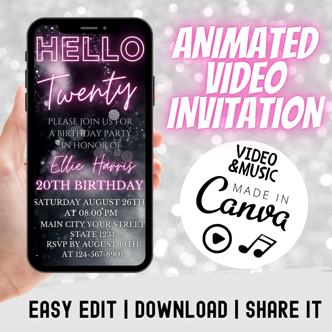 Digital Twenty Birthday Invitation, Neon 20th Pink Birthday Invite ...