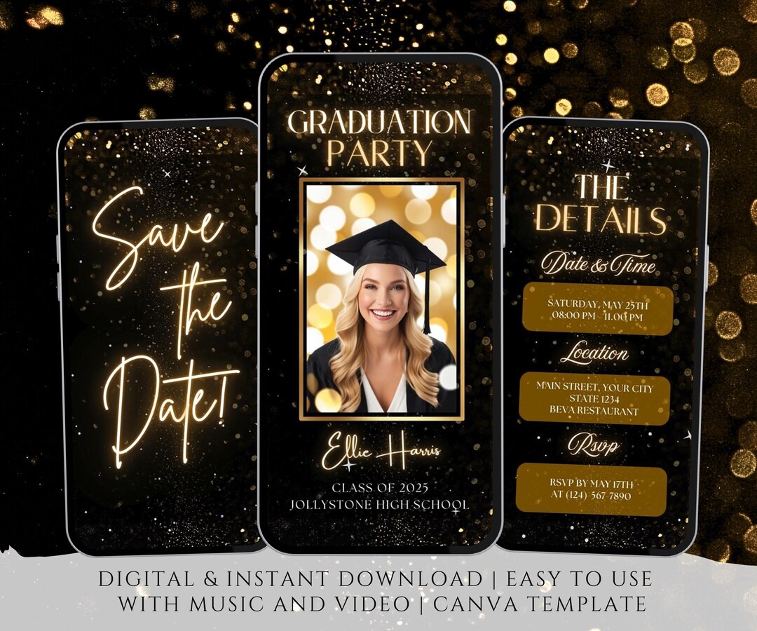 Graduation Invitation Video Black Gold Glitter Theme Template, Luxury ...