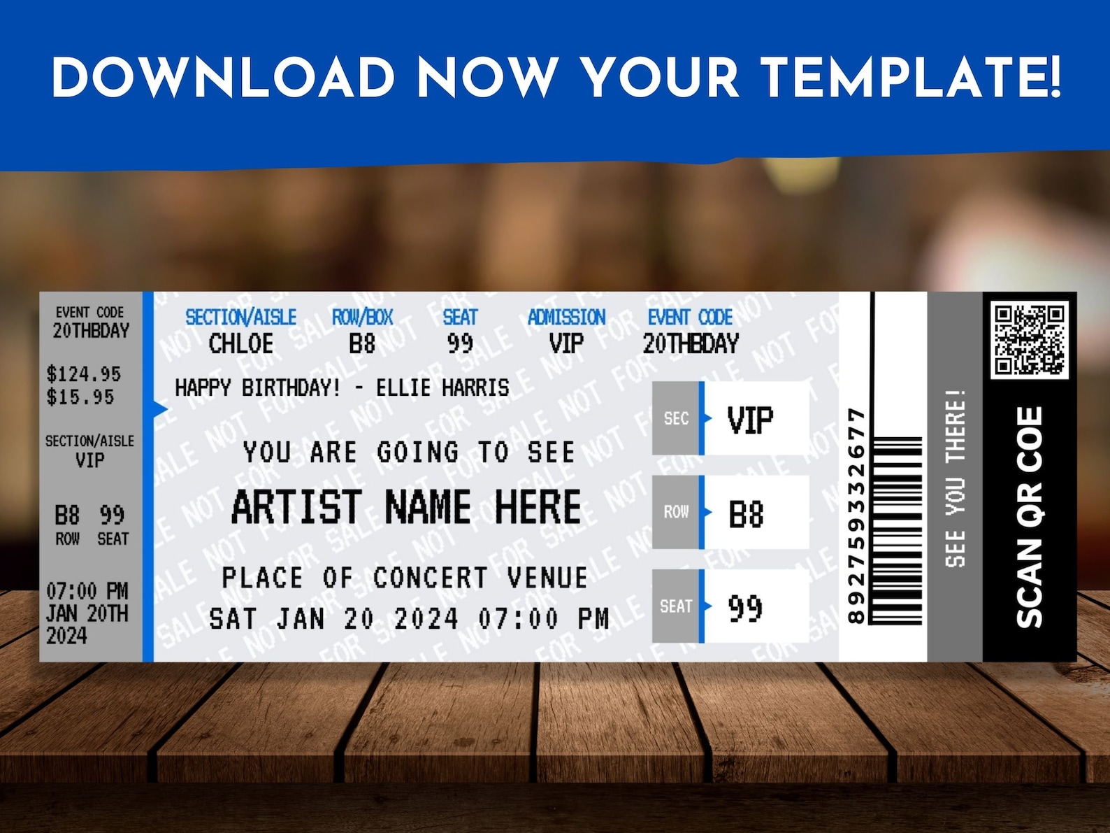 Editable Concert Ticket Template With QR Code, Digital VIP Ticket ...