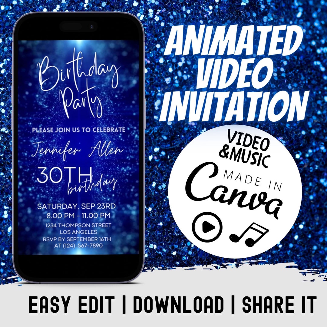 Neon Blue Birthday Bash, 30th Birthday Video Invitation, Glitter Blue ...