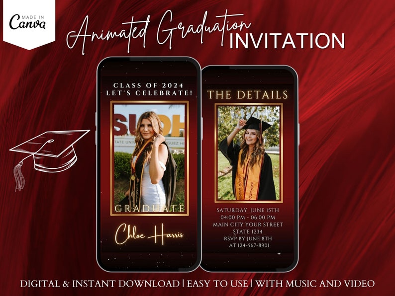 2024 Digital Burgundy Graduation Party Invitation Template, College ...