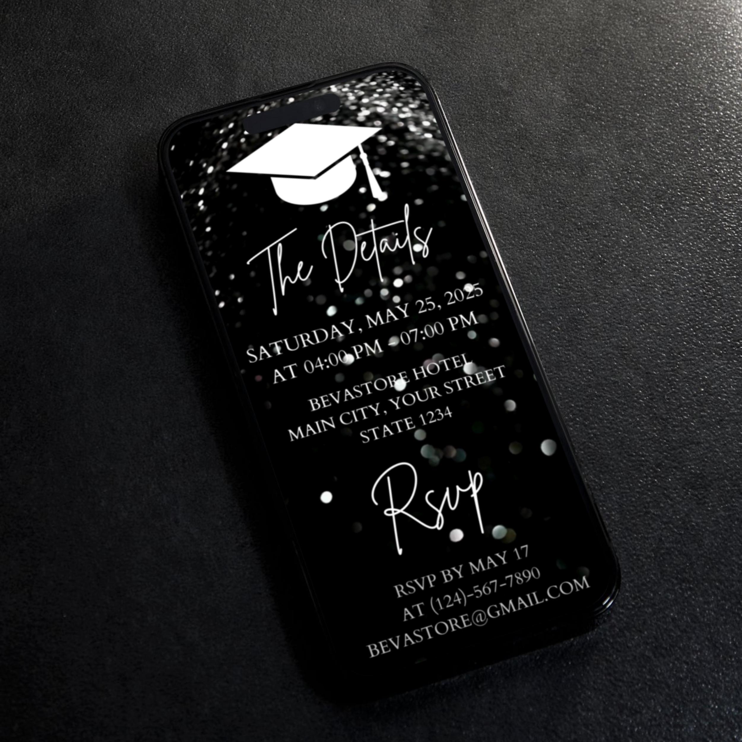 Luxurious Glitter Black & Silver Graduation Party Announcement, Class ...