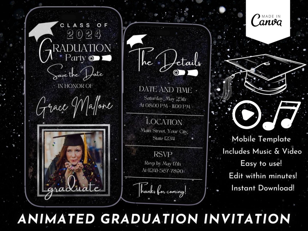 2025 Digital Black Graduation Party Invitation Template, Grad ...