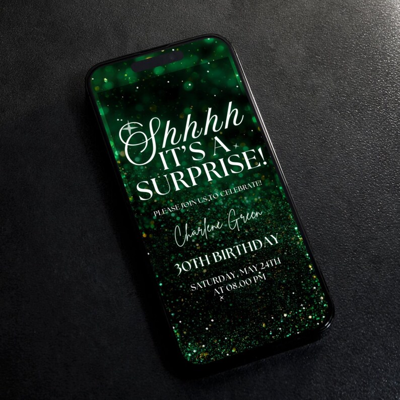 Emerald Green Surprise Birthday Video Invitation, Glitter Evite ...
