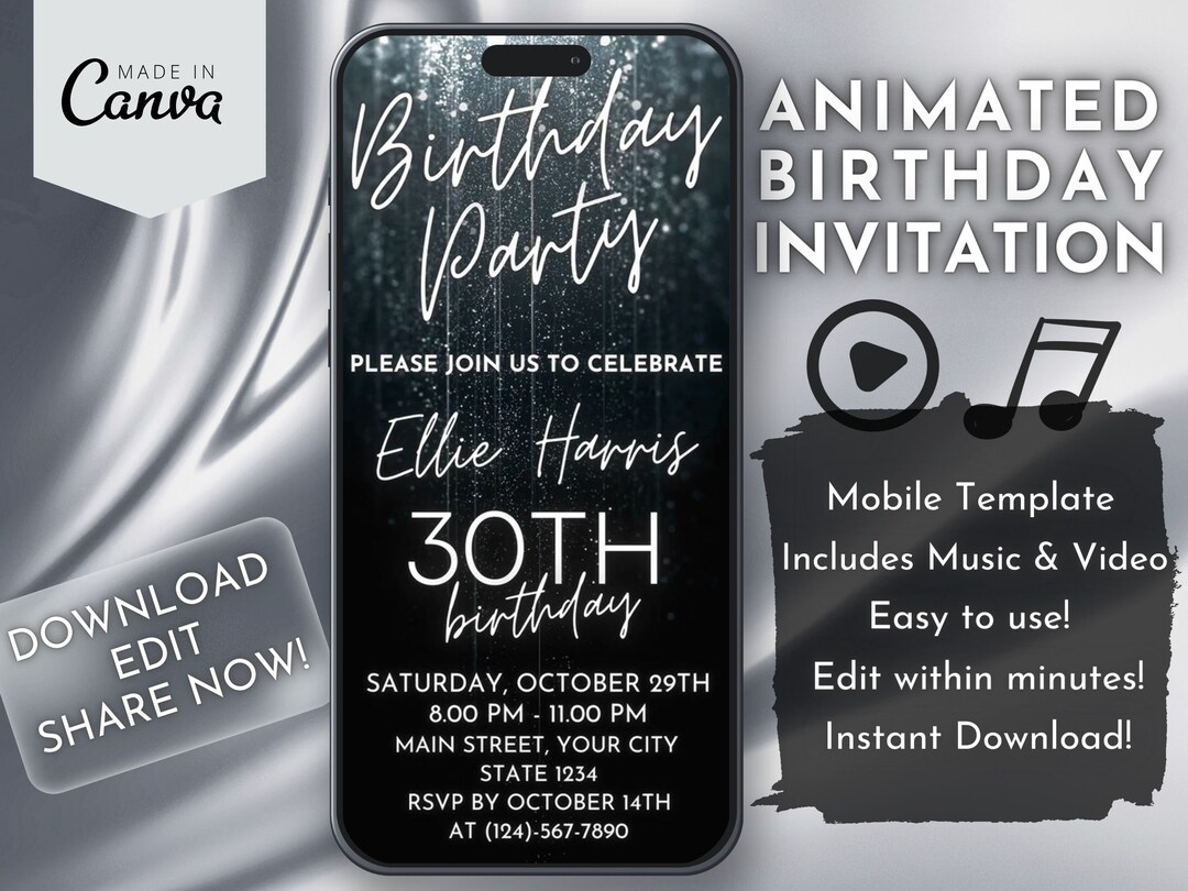 Digital Birthday Party Invitation, Electronic Black and Silver Birthday ...
