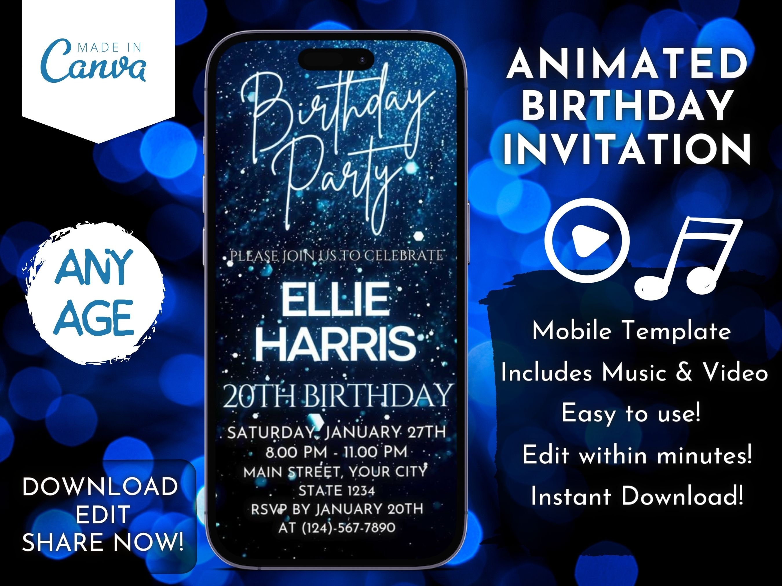 Digital Neon Blue Glitter Birthday Animated Video Invitation With Music ...