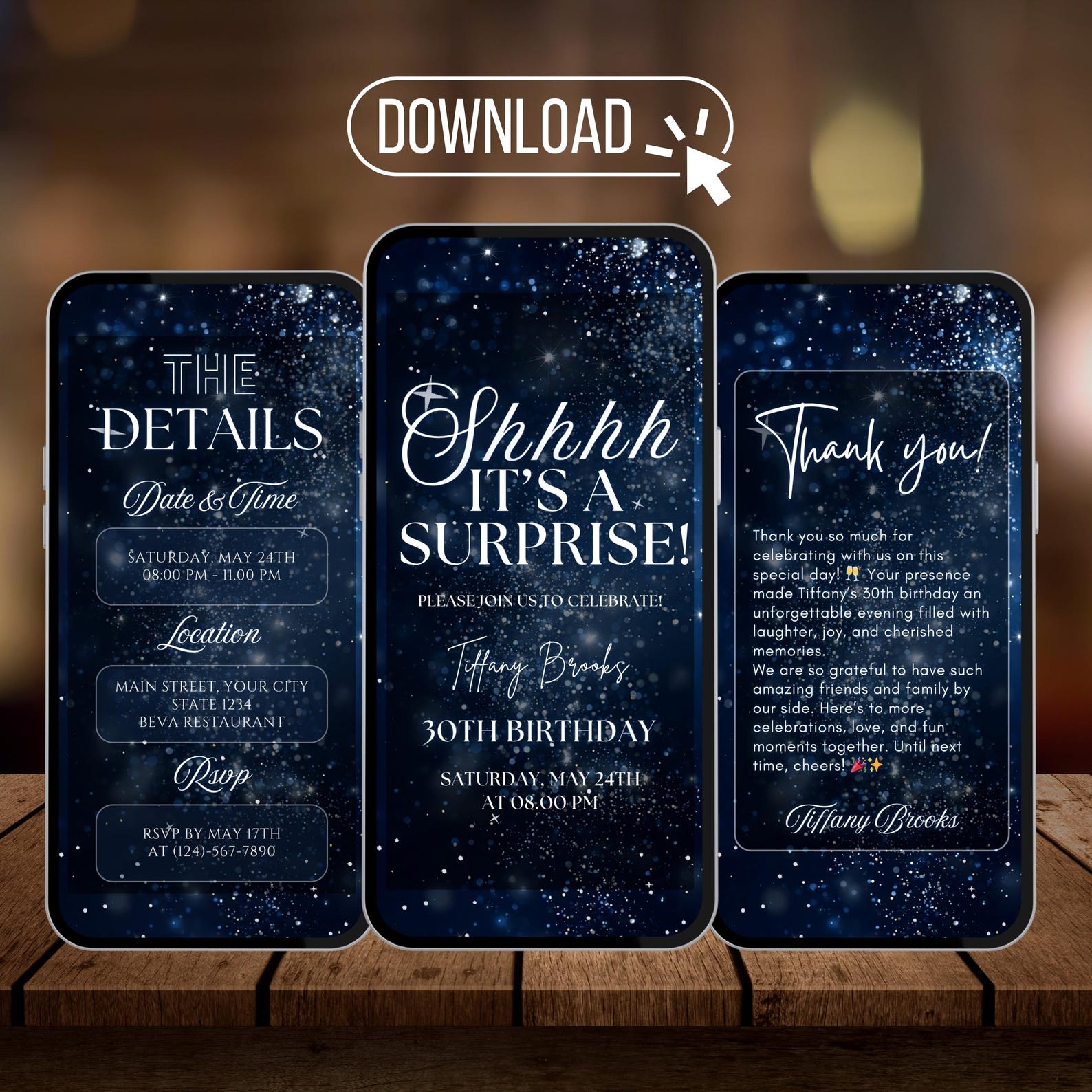 Luxury Blue Surprise Birthday Invitation, Elegant Birthday Video ...