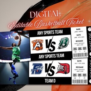Digital Editable Basketball Ticket, Custom Team Game Pass Template ...