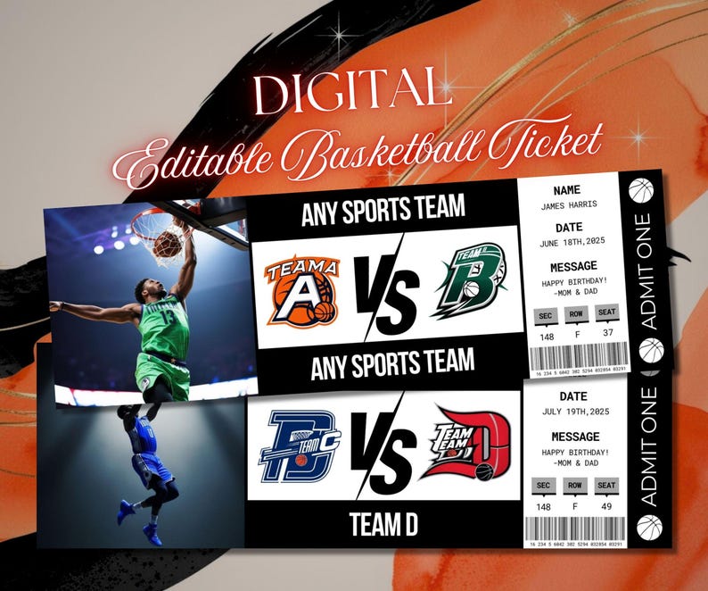 Digital Editable Basketball Ticket, Custom Team Game Pass Template ...