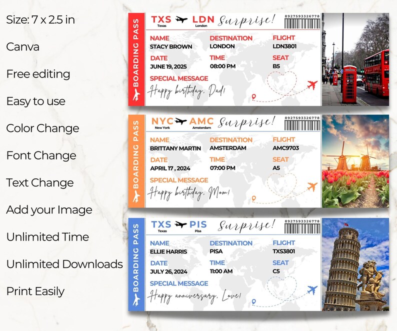 Editable Boarding Pass Ticket Template, Surprise Trip Gift (digital ...