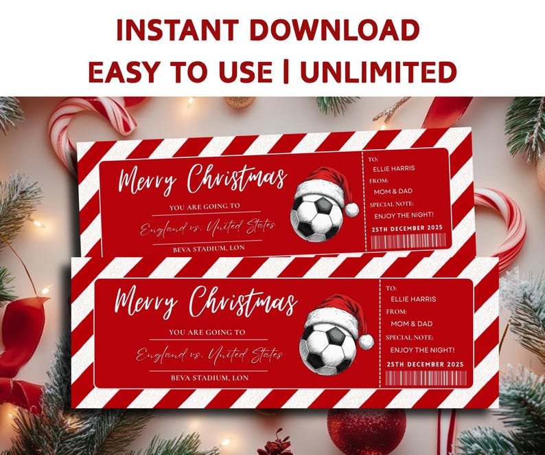 Merry Christmas Football Ticket Template, Soccer Match Gift, Editable ...