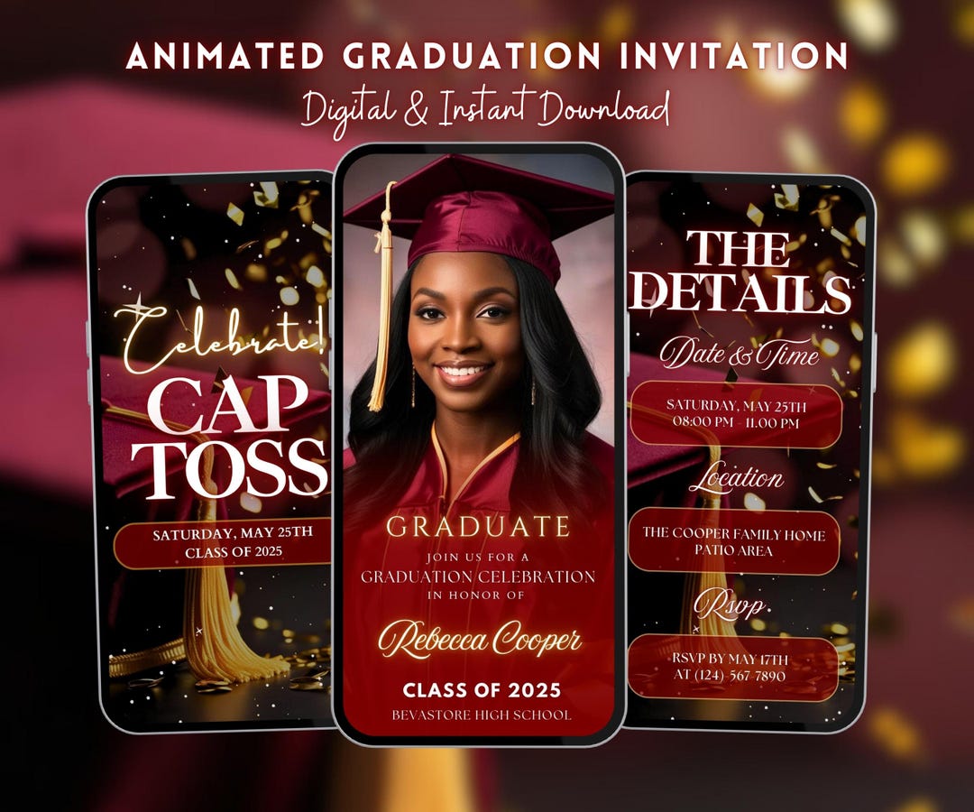 Red and Gold Graduation Video Invitation, Animated Cap Toss (digital ...