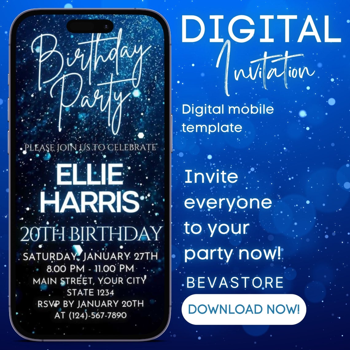 Digital Neon Blue Glitter Birthday Animated Video Invitation With Music ...