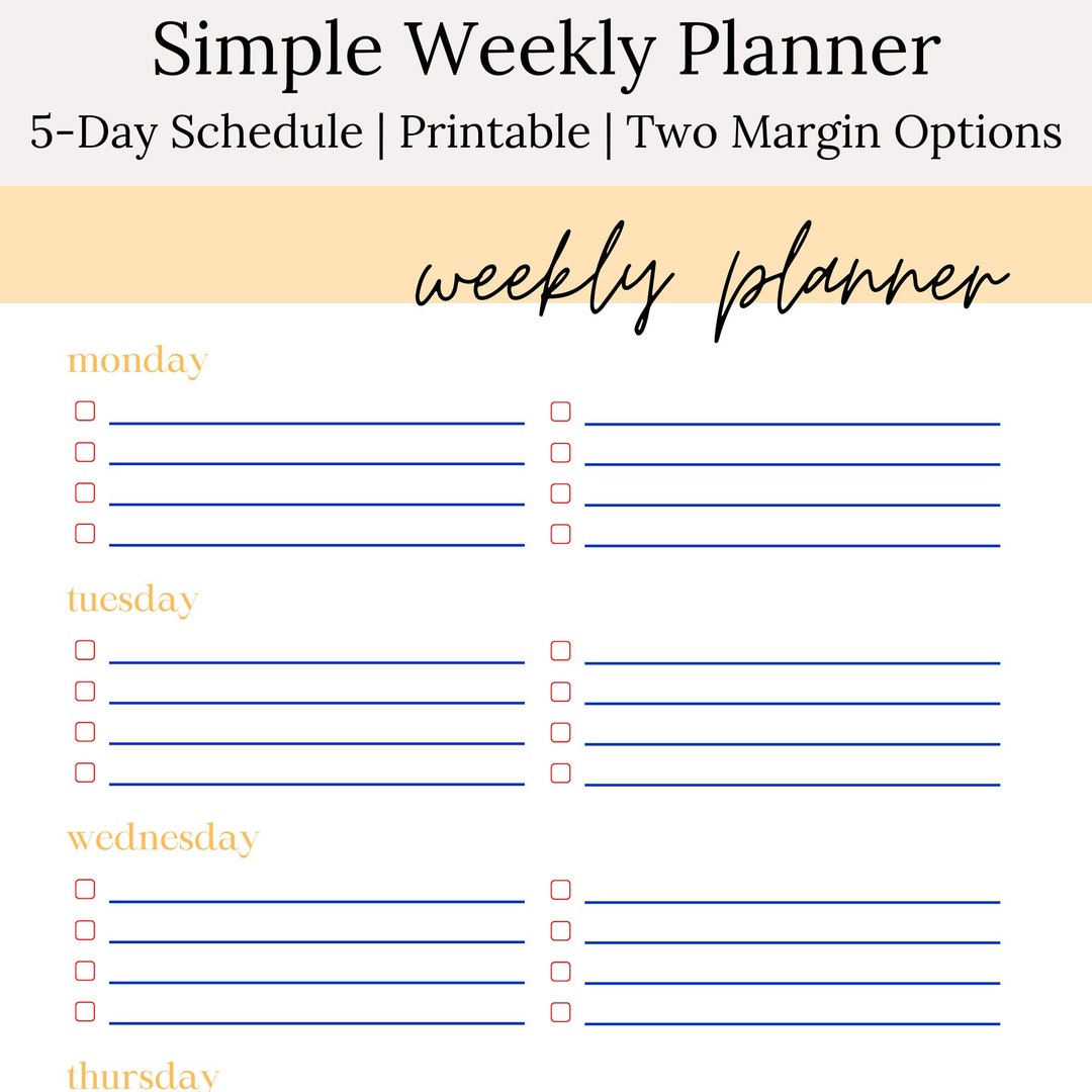 Simple Weekly Planner Printable | 5 Day Planner Schedule, Work, Social ...