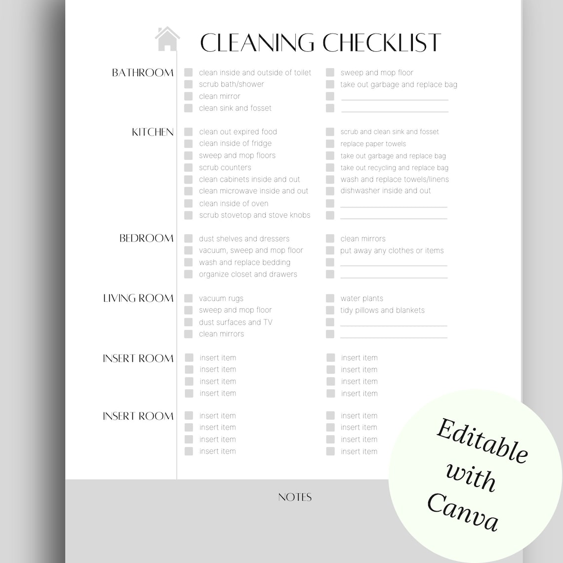 Simple Cleaning Checklist Printable Canva Template by Room - Etsy